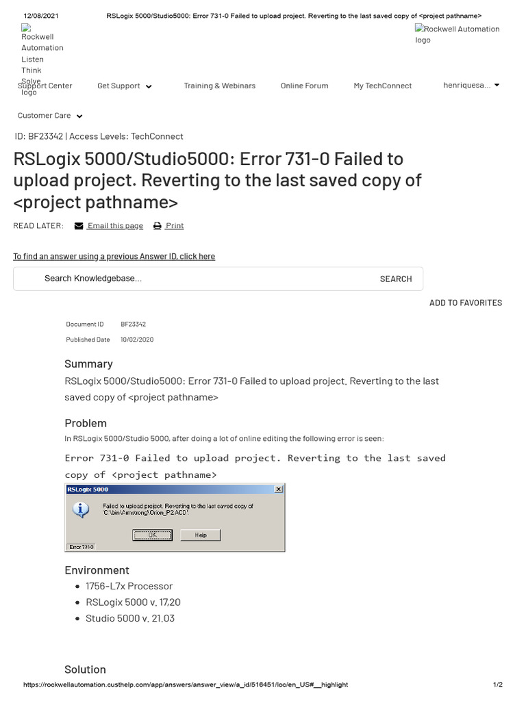 RSLogix 5000 Studio5000 Error 731 0 Failed To Upload Project Reverting | PDF | Software | Cyberspace