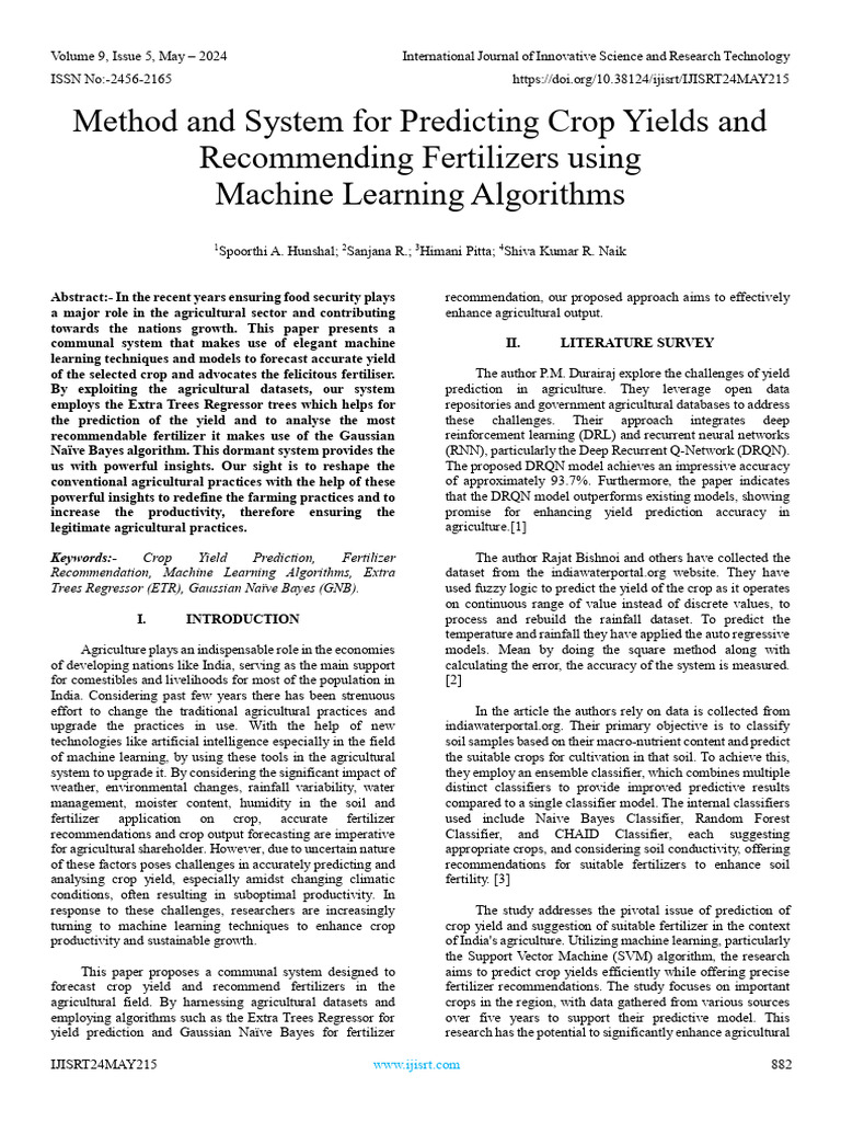 Method and System For Predicting Crop Yields and Recommending Fertilizers Using Machine Learning ...