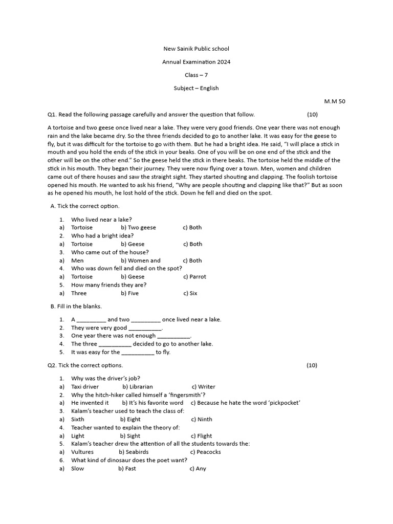 New Sainik Public School Class 7 English | PDF