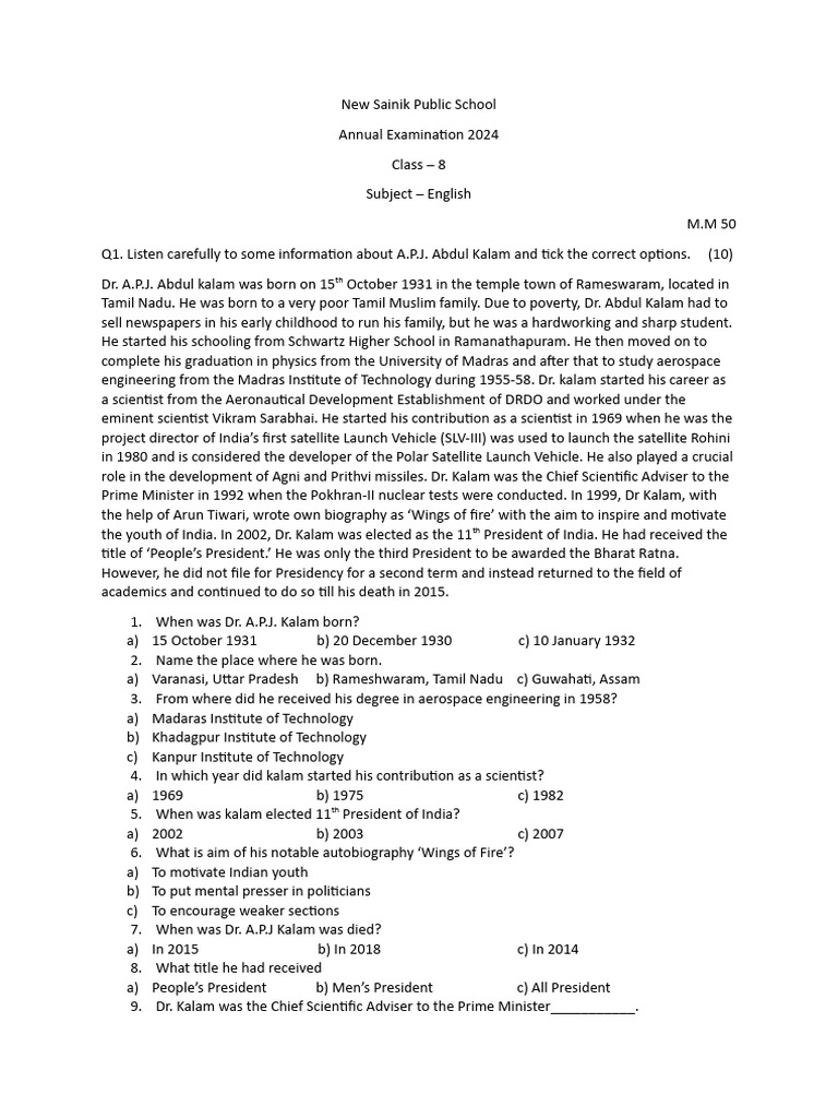 New Sainik Public School Class 8 English | PDF