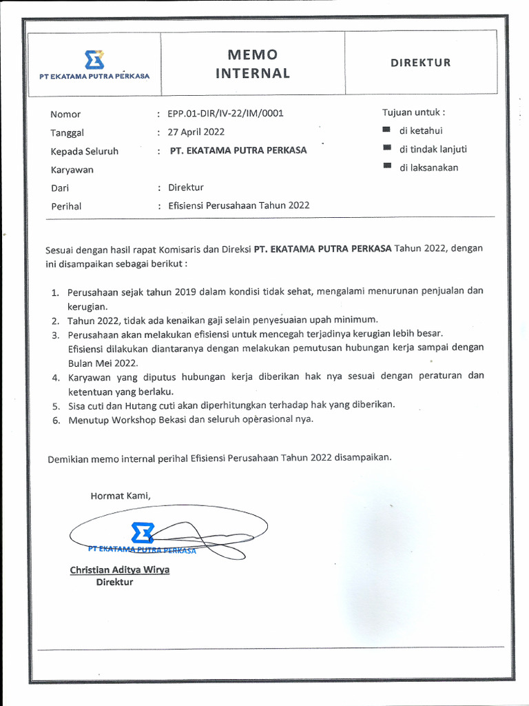 Internal Memo - Efisiensi Perusahaan EPP | PDF