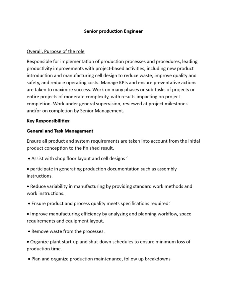 Senior Production Engineer Job Roles | PDF | Performance Indicator ...