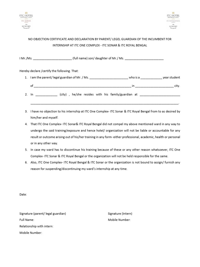 No Objection Certificate and Declaration by Parent | PDF
