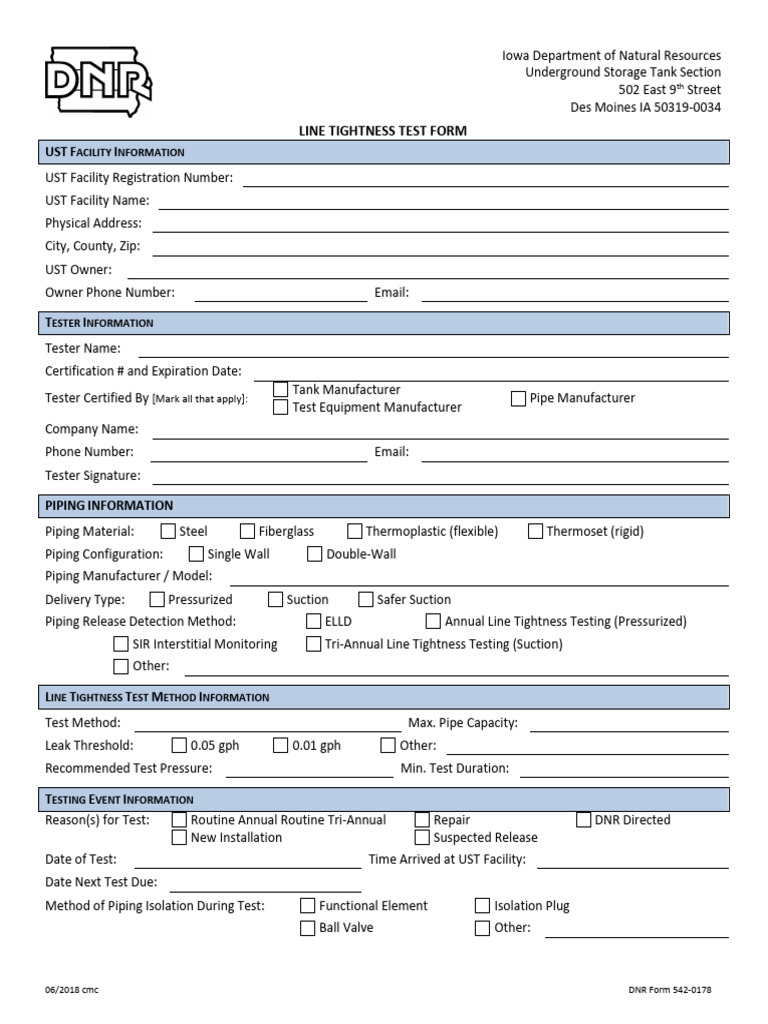 Iowa UST Line Tightness Test Form | PDF | Pipe (Fluid Conveyance ...