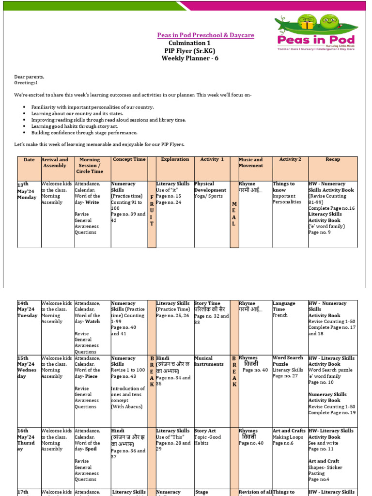 PIP Flyer (Sr.Kg) Planner Week 6 | PDF | Reading (Process) | Behavior Modification