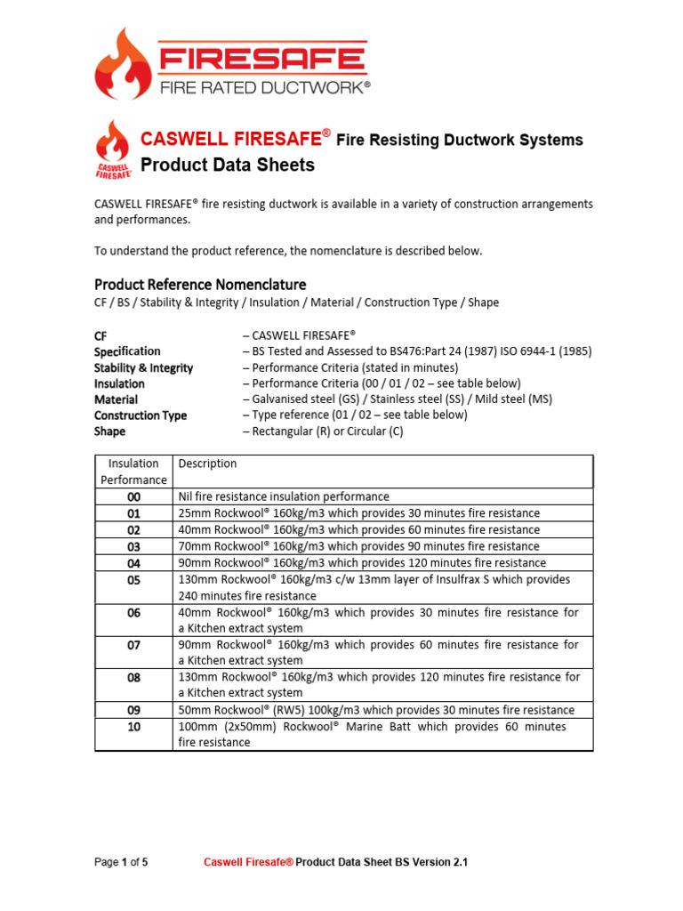 CASWELL-FIRESAFE-Product-Data-Sheet | PDF | Duct (Flow) | Masonry