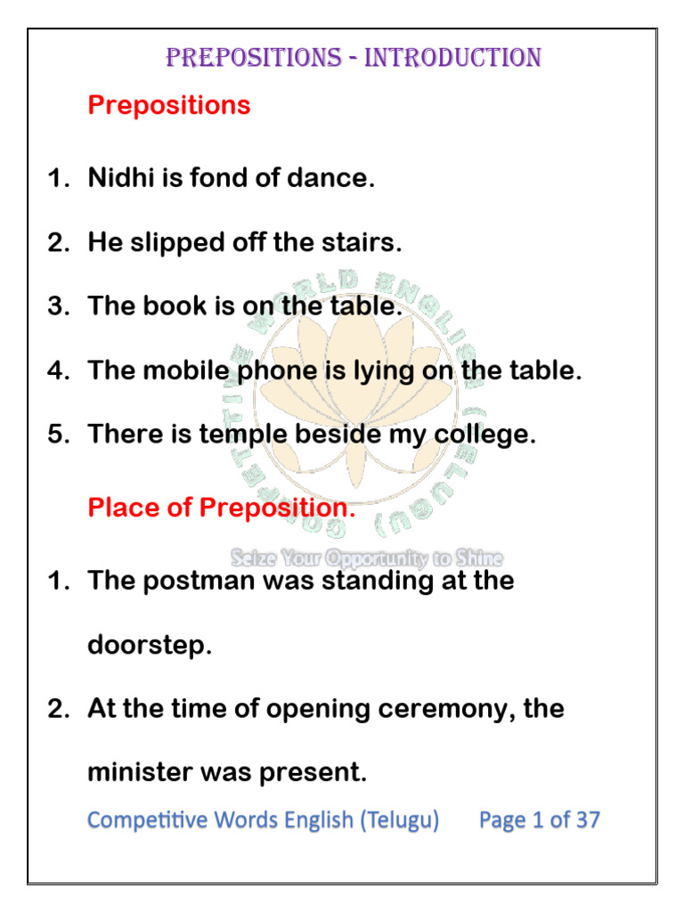 SBI Clerk 30 days Crash Course -- Prepositions | PDF | English Language