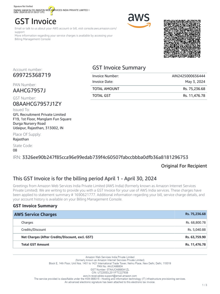 AWS India GST Invoice May 2024 | PDF | Amazon Web Services | Internet