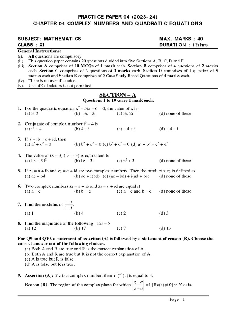 Maths Class Xi Chapter 04 Complex Numbers Practice Paper 04 | PDF ...