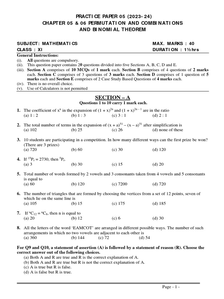 Maths Class Xi Chapter 05 06 Permutation Combinations and Binomial ... Maths Class Xi Chapter 05 06 Permutation Combinations and Binomial ...