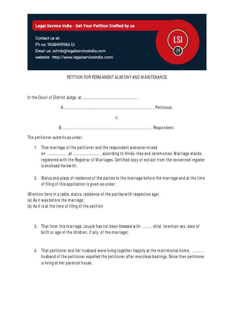 Petition For Permanent Alimony and Maintenance | PDF | Alimony | Marriage