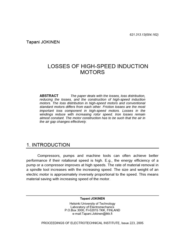 Losses Of High Speed Induction Motor Pdf Electric Motor Electromagnetic Induction
