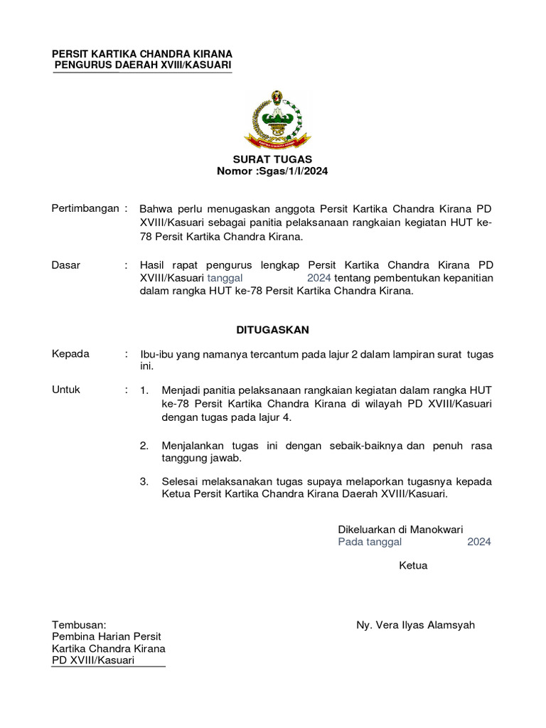 Surat Tugas Panitia HUT Persit'78 Th 2024 | PDF