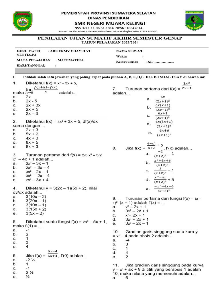Soal Matematika Kelas Xi Genap 2024 | PDF