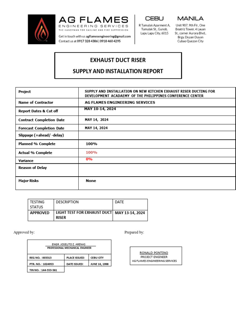 Exhaust Duct Riser Installation Report | PDF | Leak | Pipe (Fluid Conveyance)