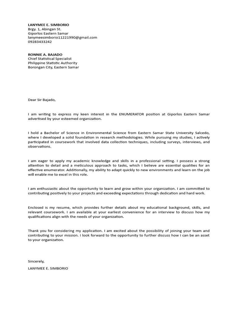 Application for Enumerator Position | PDF | Lifestyle