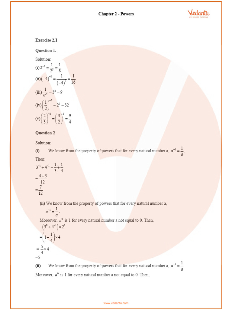 RD Sharma Class 8 Solutions Chapter 2 - Powers (Ex 2.1) Exercise 2.1 - Free PDF | PDF | Numbers ...