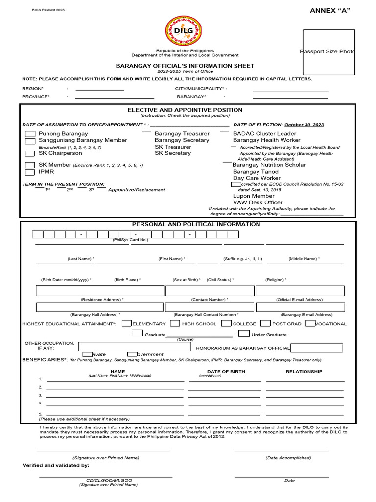 Annex A BOIS Form Revised 2023 | PDF