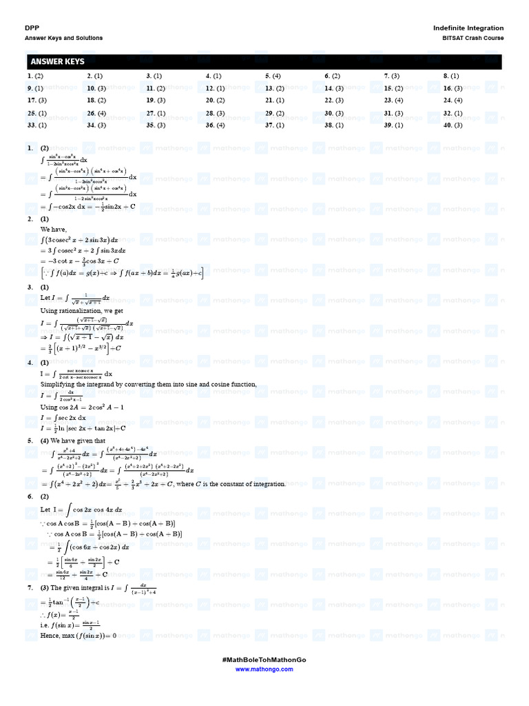 Solution DPP Indefinite Integration BITSAT Crash Course MathonGo | PDF | Geometry | Mathematical ...