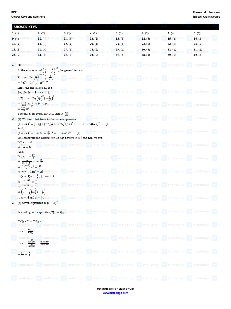 Solution DPP Binomial Theorem BITSAT Crash Course MathonGo | Download Free PDF | Elementary ...