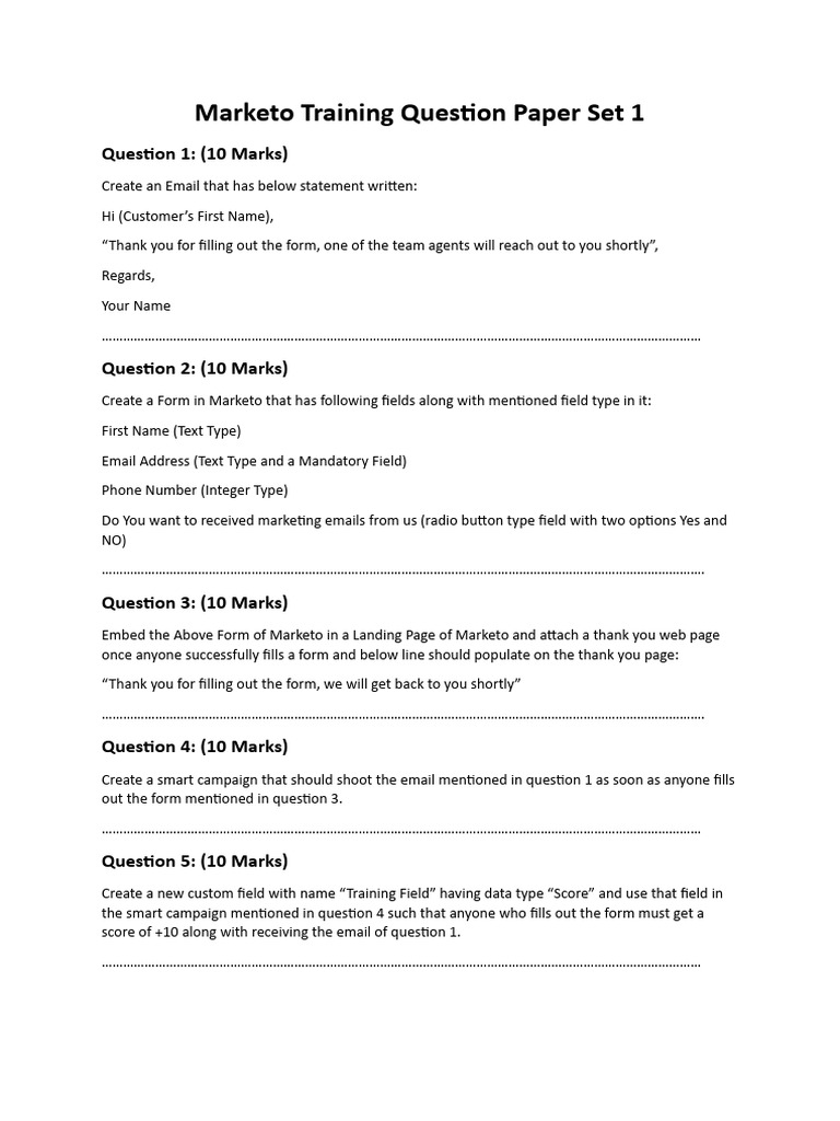 Marketo Training Question Paper Set 1 | PDF | Games & Activities ...