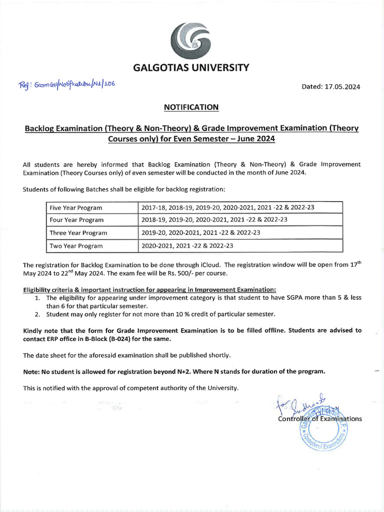 Backlog Examination (Theory Non-Theory) Grade Improvement Examination (Theory Courses Only) For ...