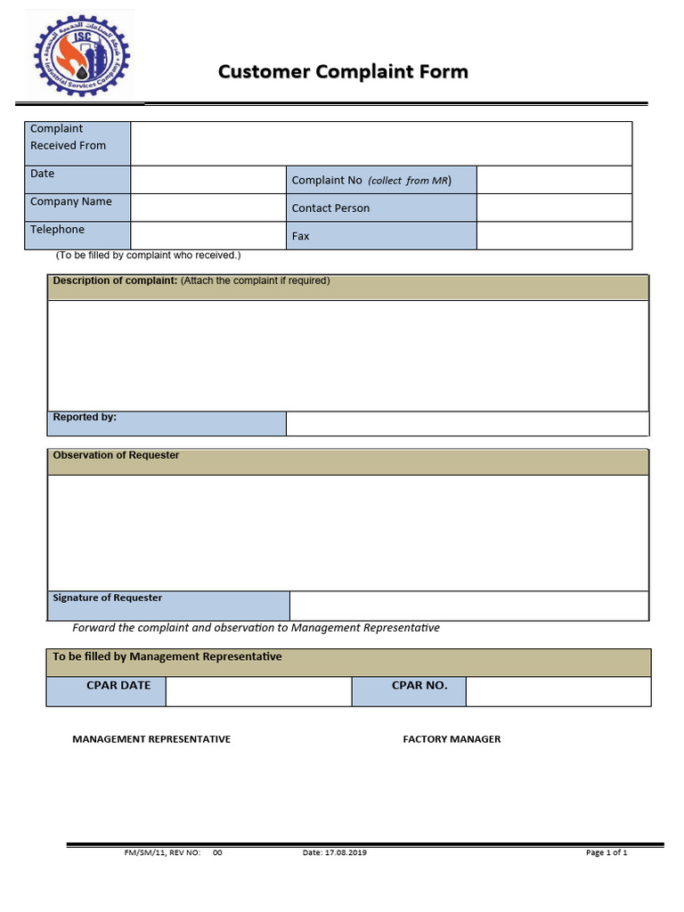 Customer Complaint Form FM - mr.11 | PDF