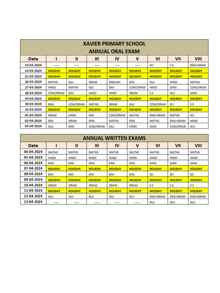 Annual Exam Time Table | PDF