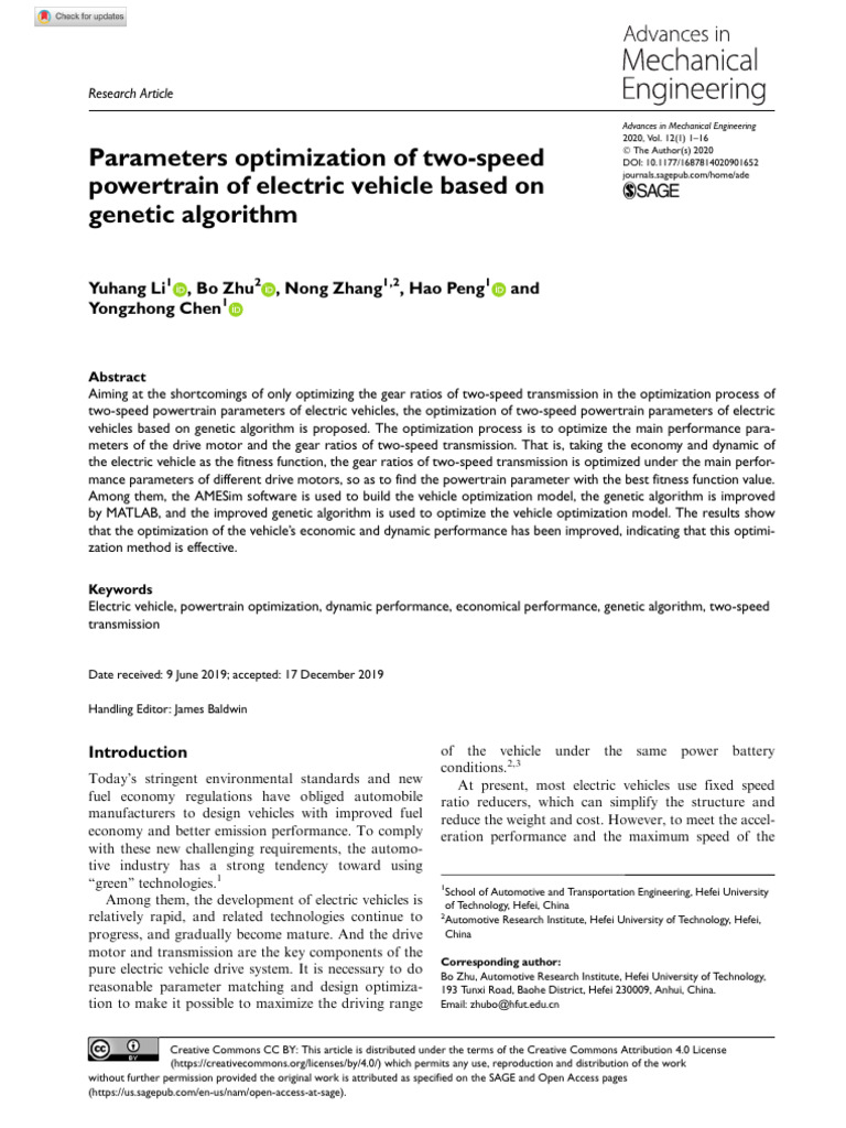 Li Et Al 2014 Parameters Optimization of Two Speed Powertrain of ... Li Et Al 2014 Parameters Optimization of Two Speed Powertrain of ...