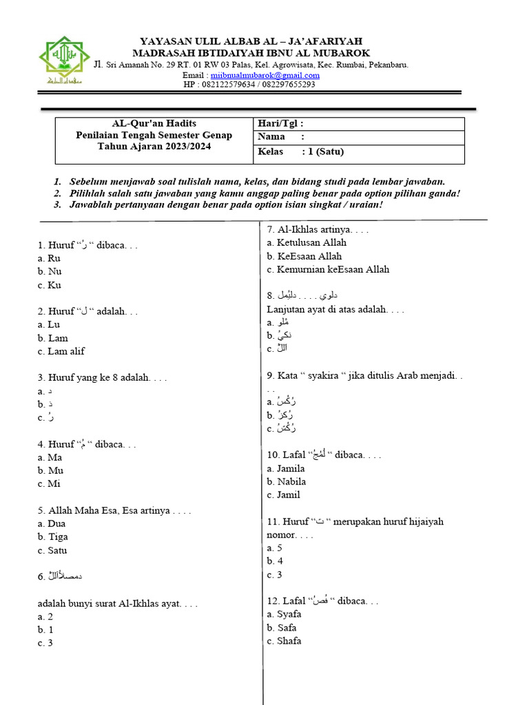 Soal A.hadits Kelas 1 Mi | PDF