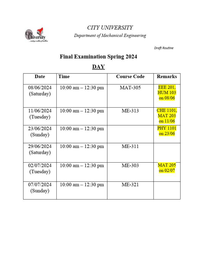 Mech Engg Exam Schedule 2024 | PDF