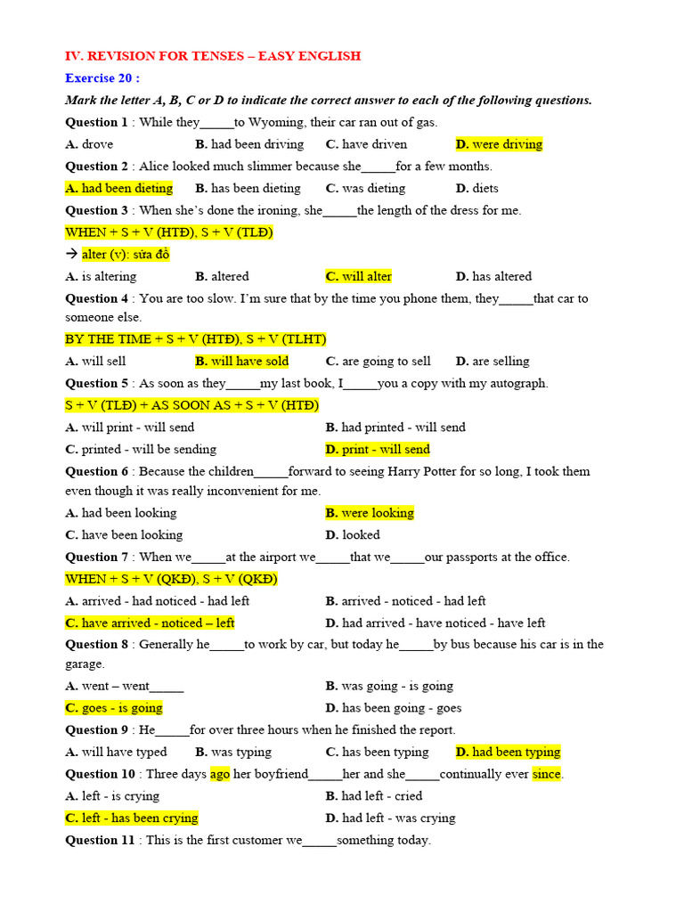 Verb Tenses Exercises Review de | PDF