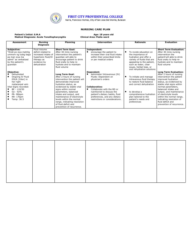 Fluid Deficit NCP | PDF | Dehydration | Intravenous Therapy