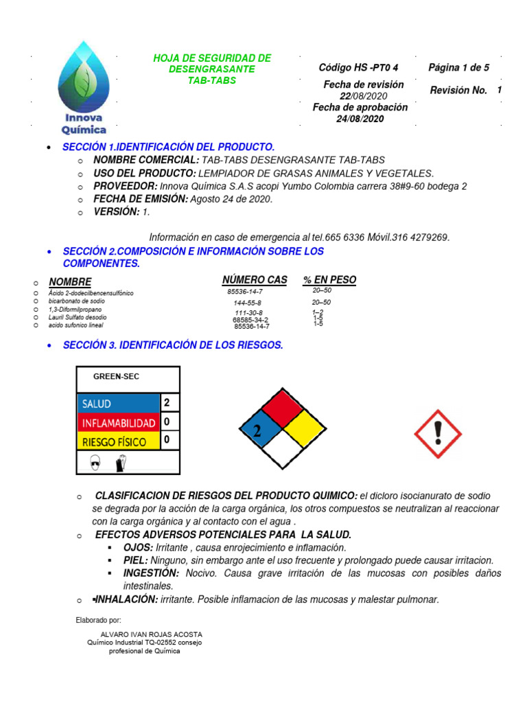 Hoja de Seguridad Desengrasante | PDF | Agua | Residuos