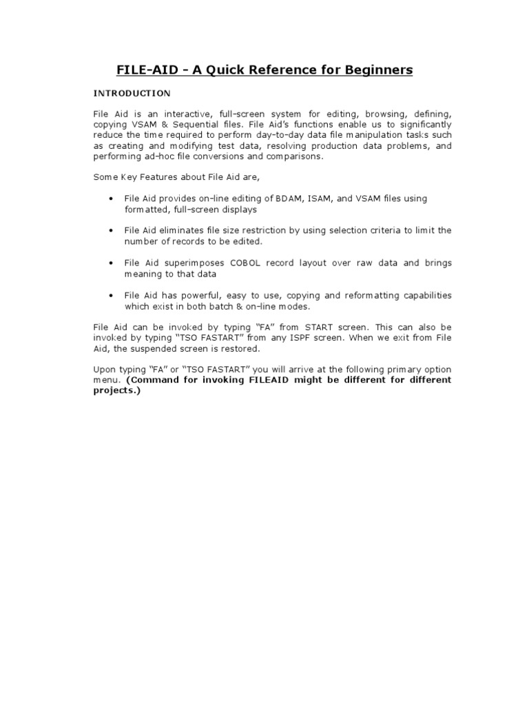 FILE-AID - A Quick Reference For Beginners | PDF