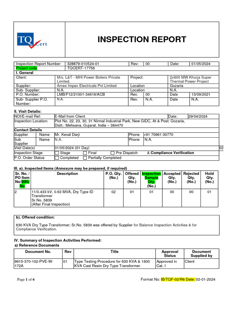 328879-IB-TQF-02 Inspection Report - Ames Impex - 01.05.2024 | PDF ...