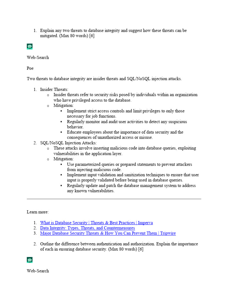 Explain Any Two Threats To Database Integrity and Suggest How These ... Explain Any Two Threats To Database Integrity and Suggest How These ...