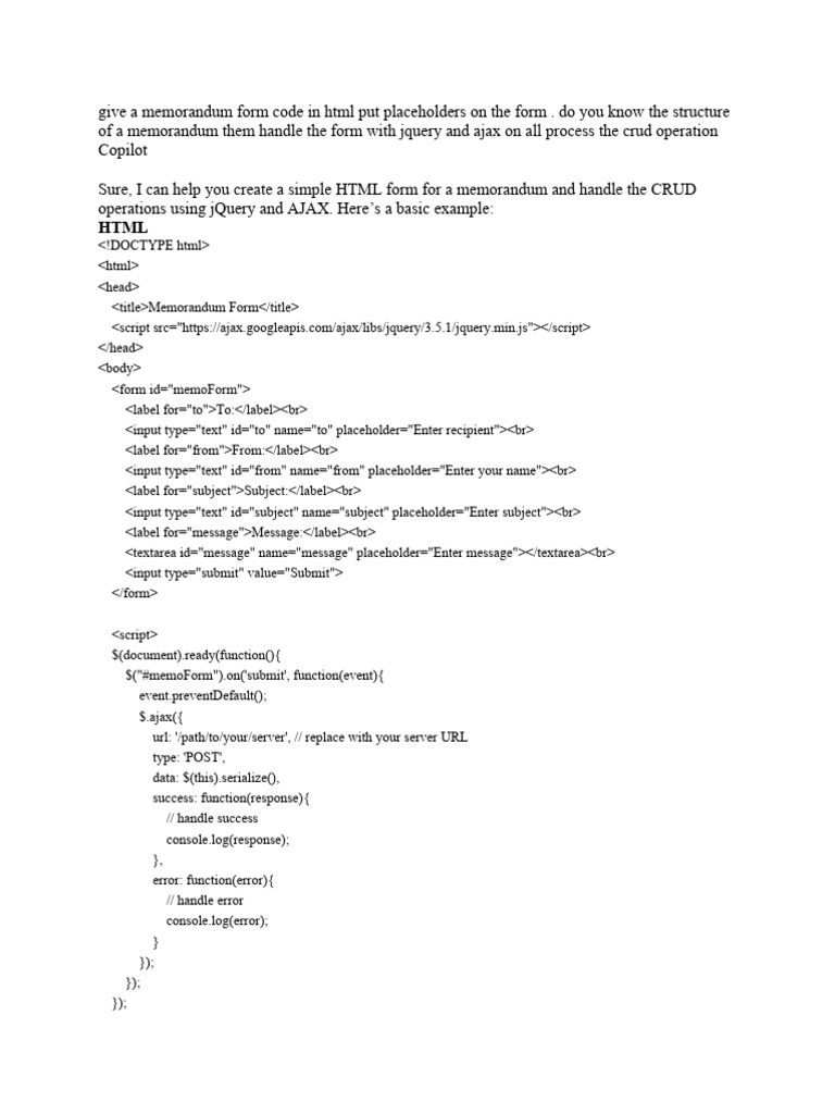 Give A Memorandum Form Code in HTML Put Placeholders On The Form | PDF | Ajax (Programming) | J ...