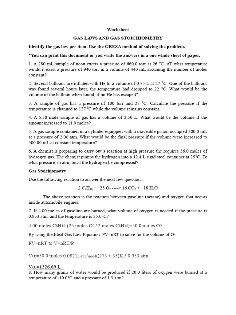 Gas Laws & Stoichiometry Worksheet | PDF