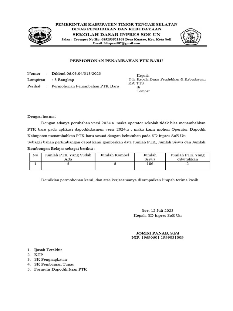 CONTOH SURAT PERMOHONAN PENAMBAHAN PTK BARU Net | PDF