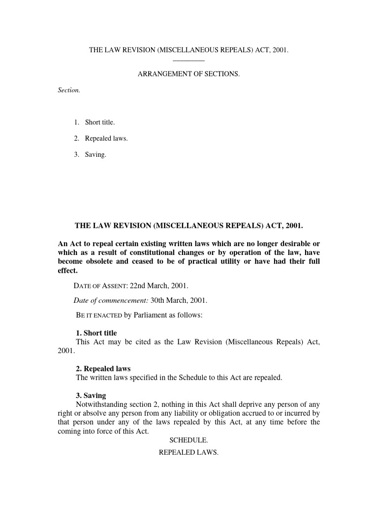 Law Revision Miscellaneous Repeals 2001 | PDF | Repeal | Decree
