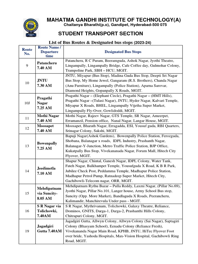 Bus Routes and Designated Bus Stops 10 8 2023 | PDF | Transport