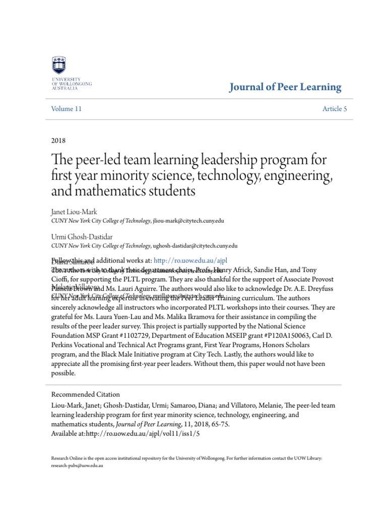 The Peer-Led Team Learning Leadership Program For First Year Minority ...