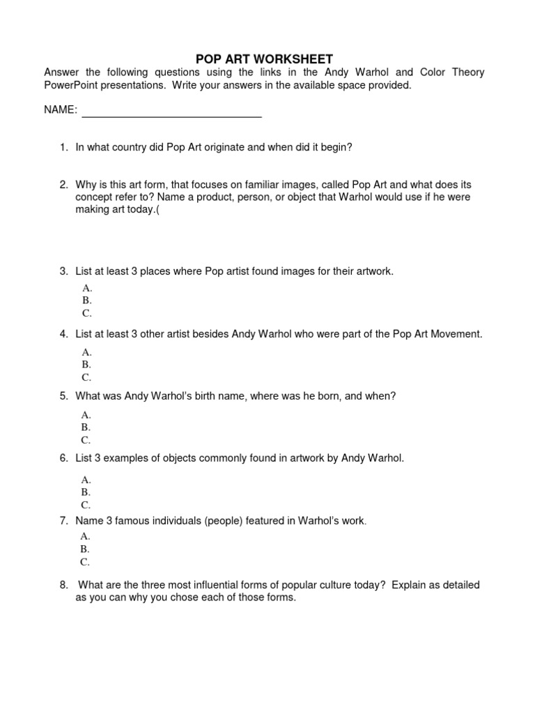 Pop Art Worksheet | PDF | Color | Vision