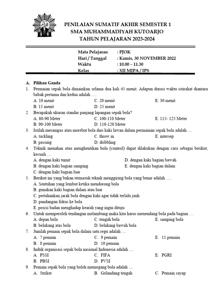 Soal PJOK Kelas XII SMA | PDF