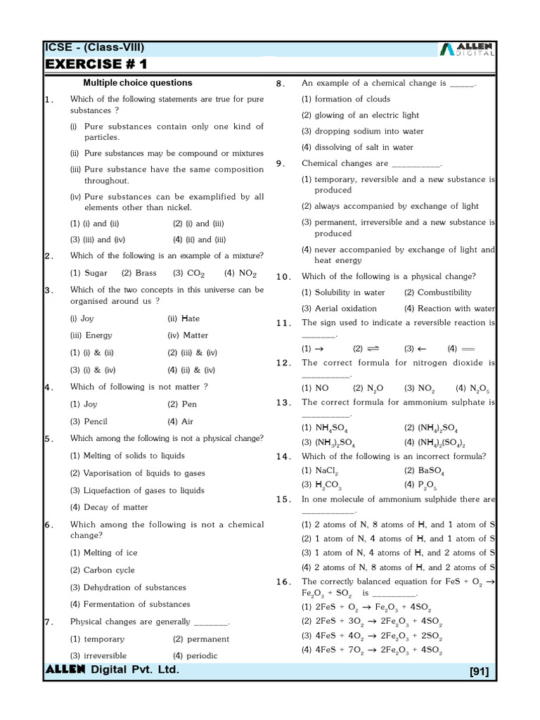 ICSE Class VIII Chemistry MCQs and Exercises | PDF | Chemical Reactions ...