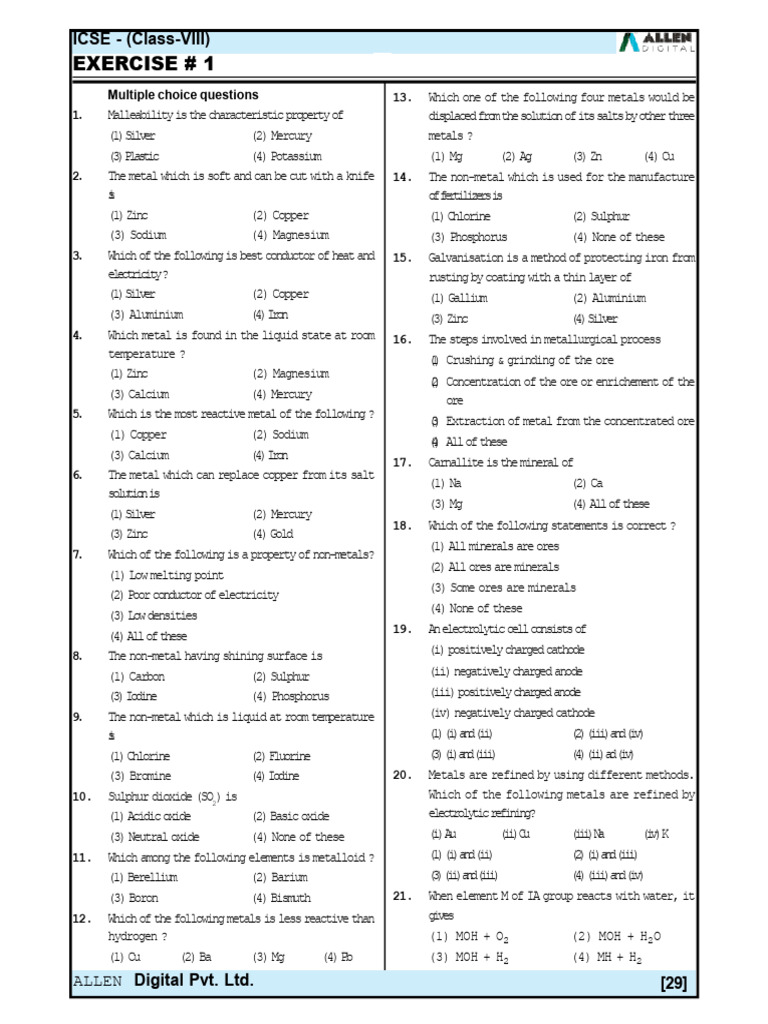 Chapter-9 Metals and Non-metals Exercise | PDF | Metals | Copper