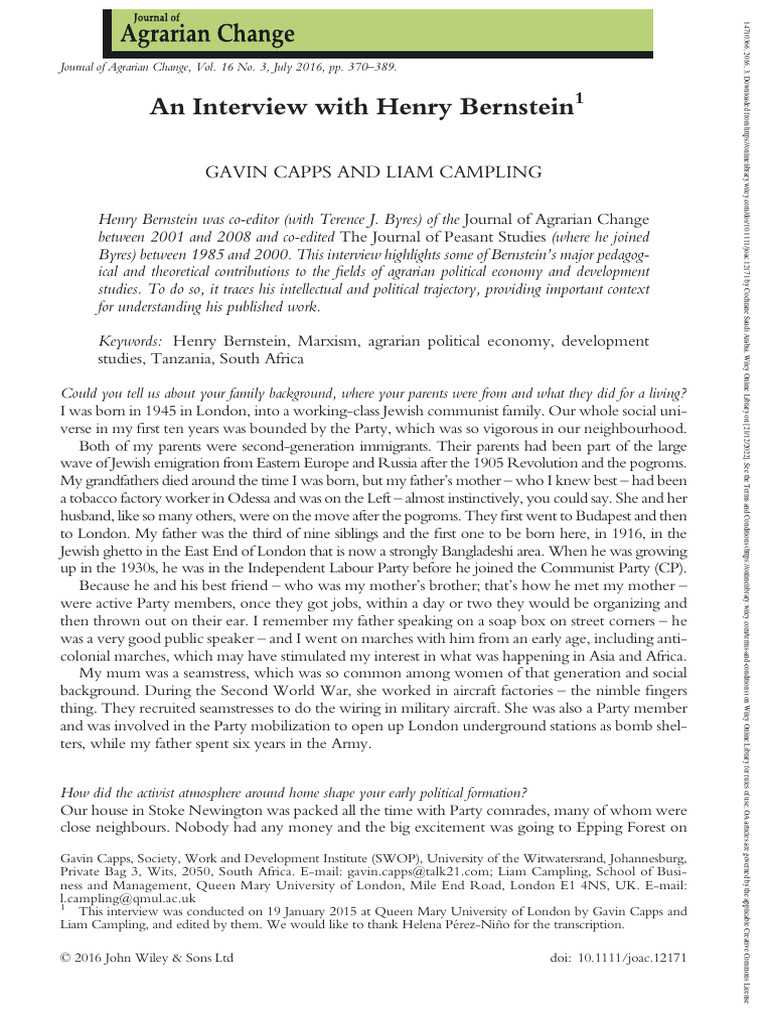 Journal of Agrarian Change - 2016 - Capps - An Interview with Henry ...