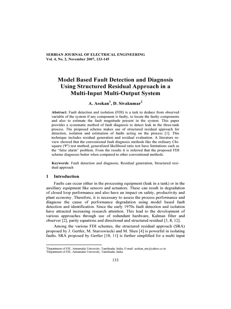 Model Based Fault Detection and Diagnosis Using Structured Residual Approach in A Multi-Input ...