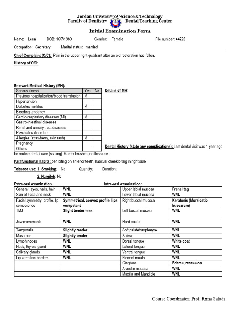 Initial Examination Form: Jordan University of Science & Technology ...